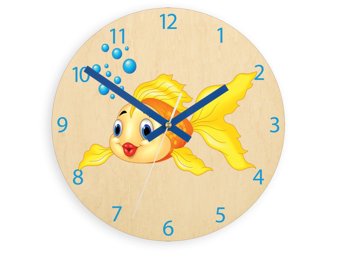 Kids Wall Clock Gold Fish With Personalizen Name Wood - Etsy
