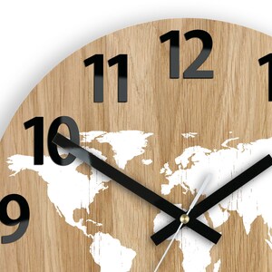 White Wood Clock - World Map, Black and White Silent Modern Clock With ...