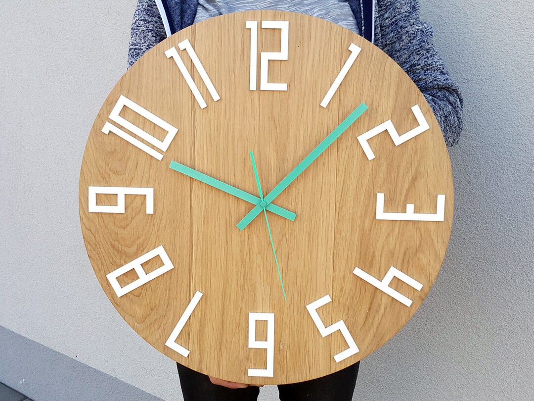 Large Wall Clock- Silent Oak Wood Clock With White Numbers and Mint ...