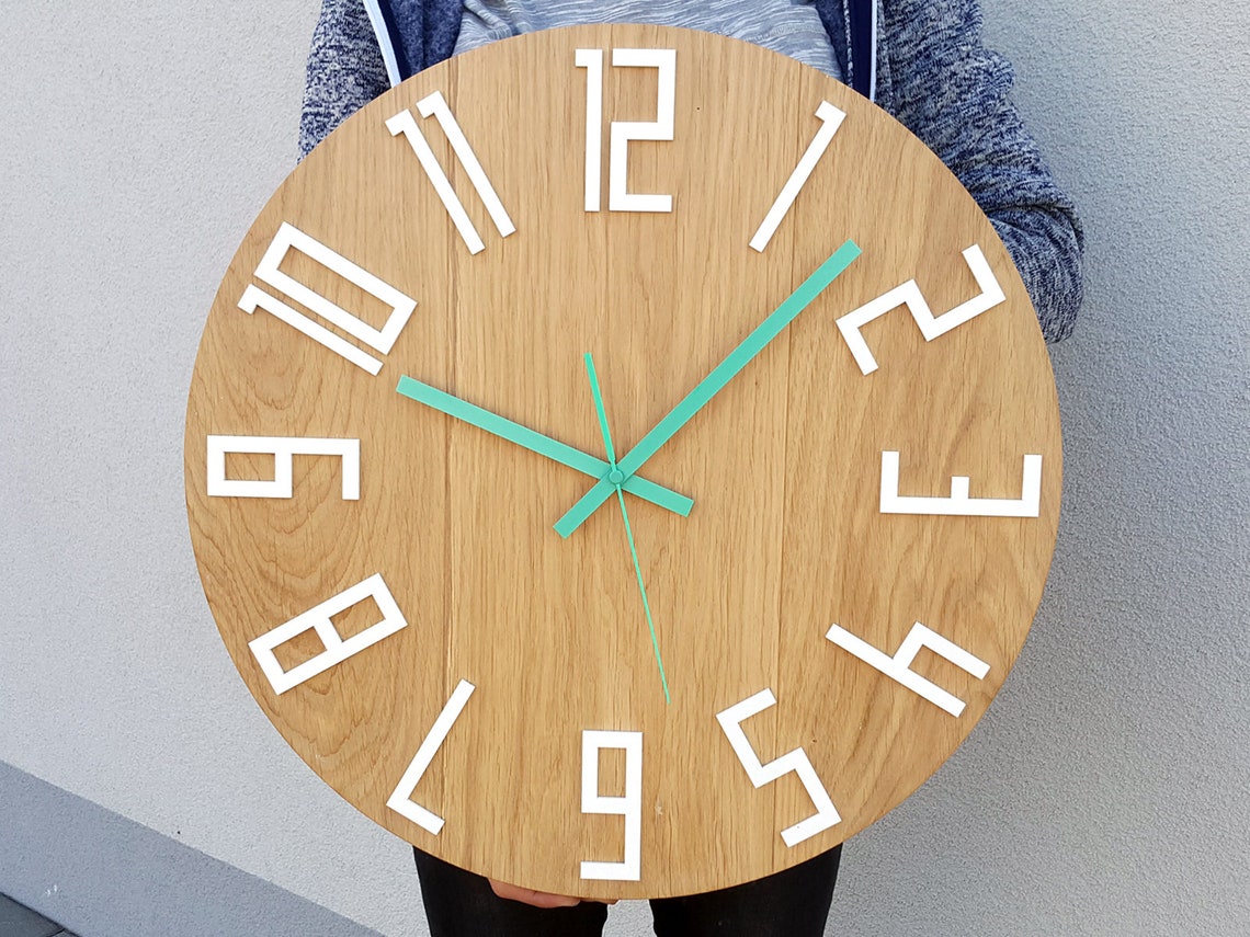 Large Wall Clock Silent Oak Wood Clock With White Numbers and | Etsy