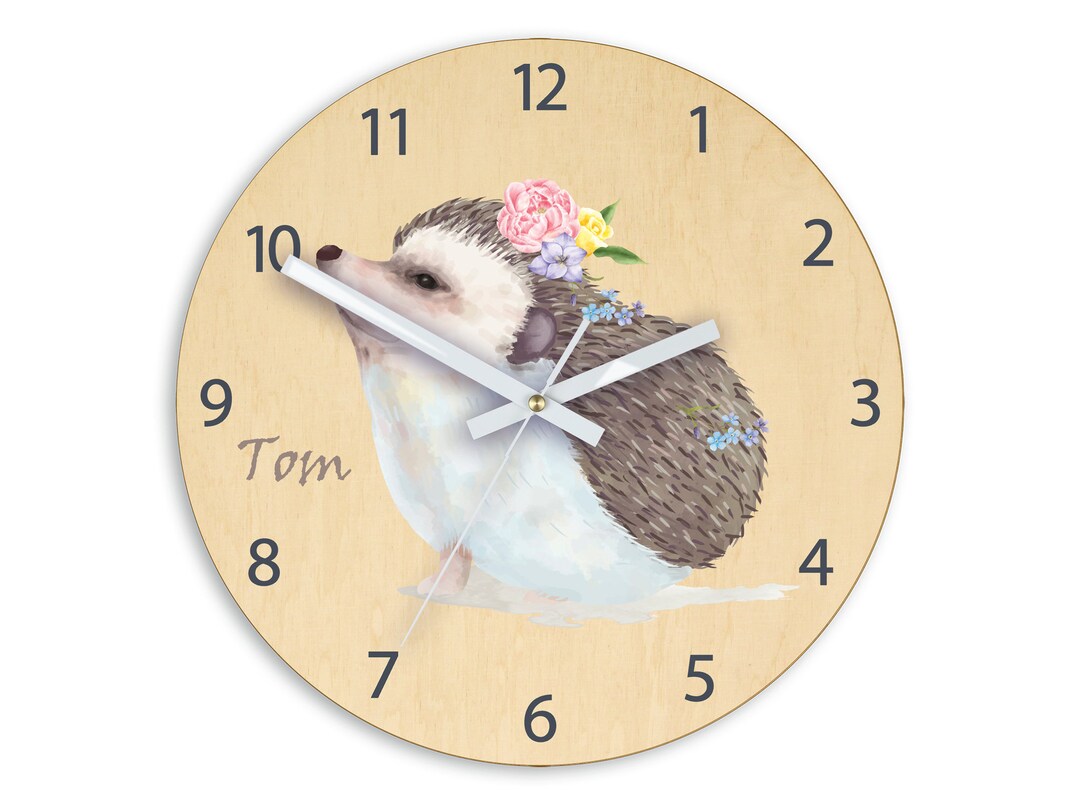 Kids Wall Clock - Hedgehog With Flowers- Personalizen Name, Wood Clock ...