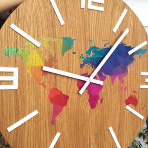Large World Map, Wood Silent Modern Clock With Numbers 49cm / 19,29 ...