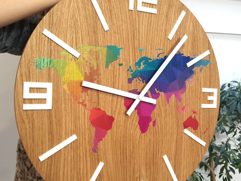Large World Map, Wood Silent Modern Clock With Numbers 49cm / 19,29 ...