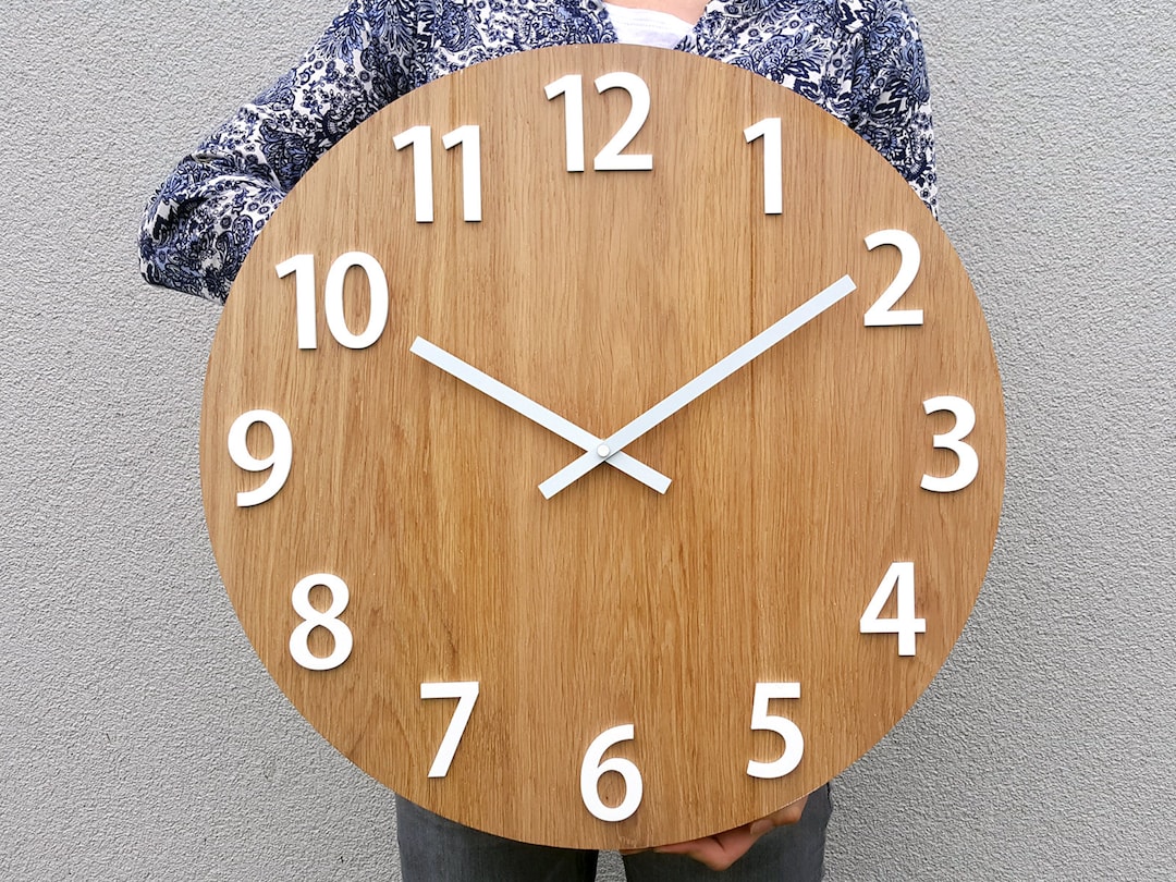 Large Wall Clock, Rustic OAK Wall Clock, Natural Amadeusz_wood, White ...