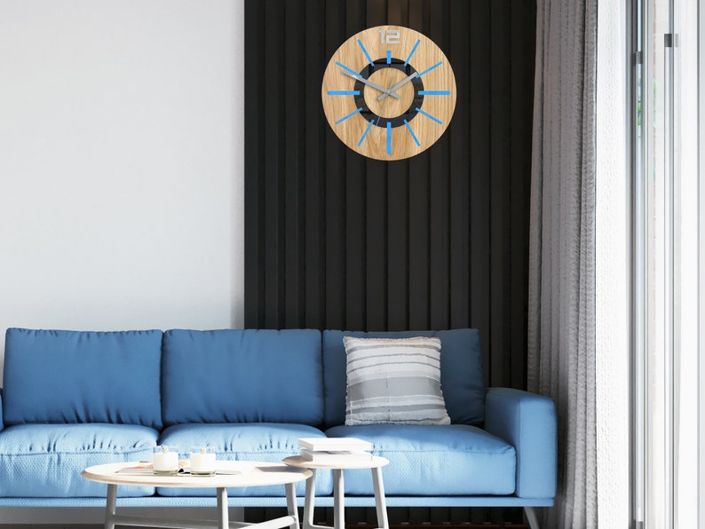 Large Wall Clock OAK 13 in Blue Clock Nordic Wood Clock - Etsy