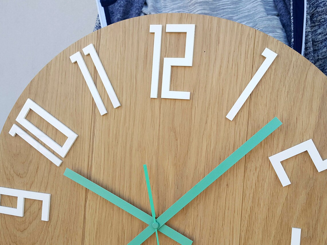 Large Wall Clock Silent Oak Wood Clock With White Numbers and | Etsy