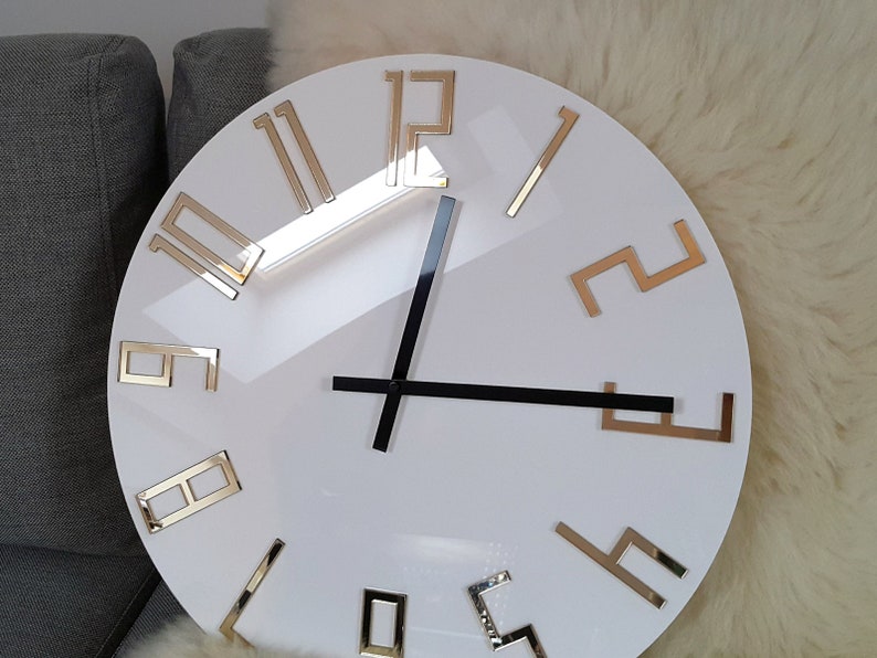 Large Wall Clock White - With Numbers in a Golden Mirror- Silent Wall ...