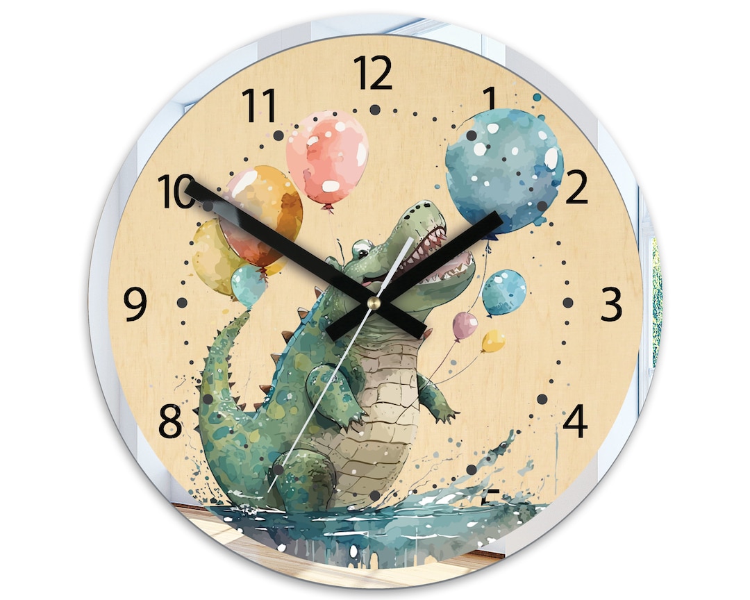Personalized Wooden Clock - Crocodile With Colorful Balloon, With Name ...