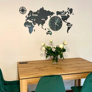 Large Wall Clock World Map, Silent Black Clock With Numbers, Modern ...