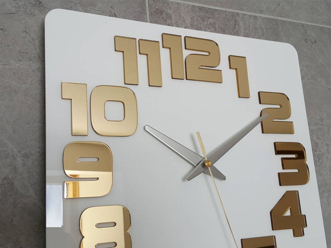 LARGE Wall Clock Modern Wall Clock White Gold Mirror Clock | Etsy