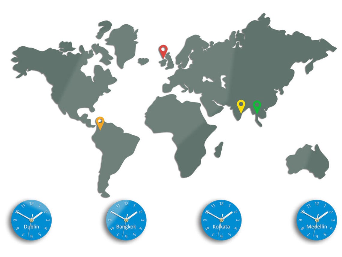 LARGE Wall Clock WORLD MAPS Modern Clock Wall Clock 4 Time - Etsy