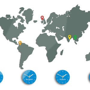 LARGE Wall Clock WORLD MAPS, Modern Clock, Wall Clock 4 Time Zones ...