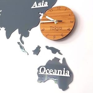 LARGE Wall Clock, Map Clock With Time Zones, Gray Clock, World Clock ...