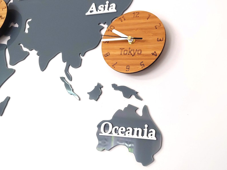 LARGE Wall Clock Map Clock With Time Zones Gray Clock World - Etsy