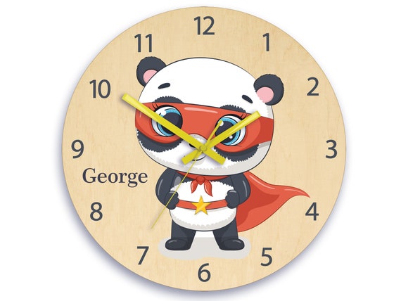 Kids Wall Clock Panda With Personalizen Name Super Hero | Etsy