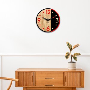 Modern Wooden Wall Clock – Unique Red & Black Design, Silent Quartz ...