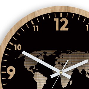 Wood Clock With Black Map World Map, Black Silent Modern Clock With ...