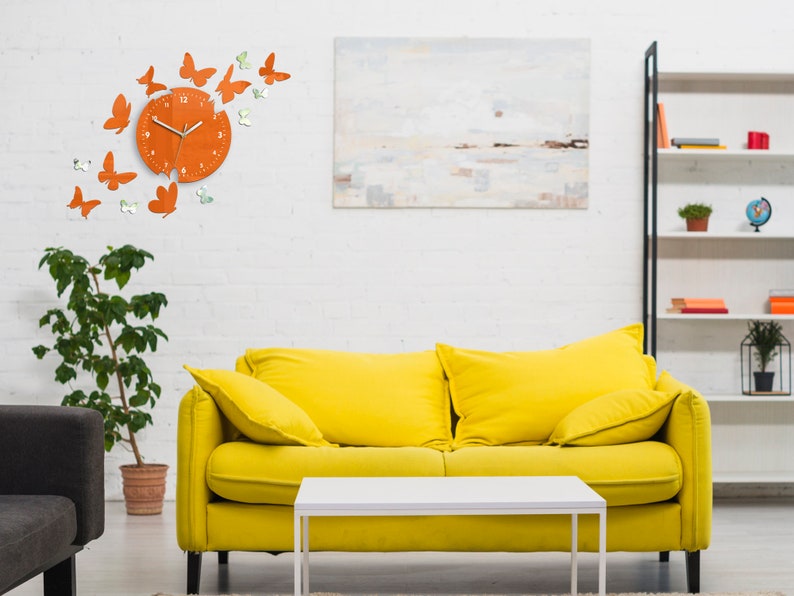 Orange Wall Clock Butterfly Silent Modern Clock 14 Pcs | Etsy