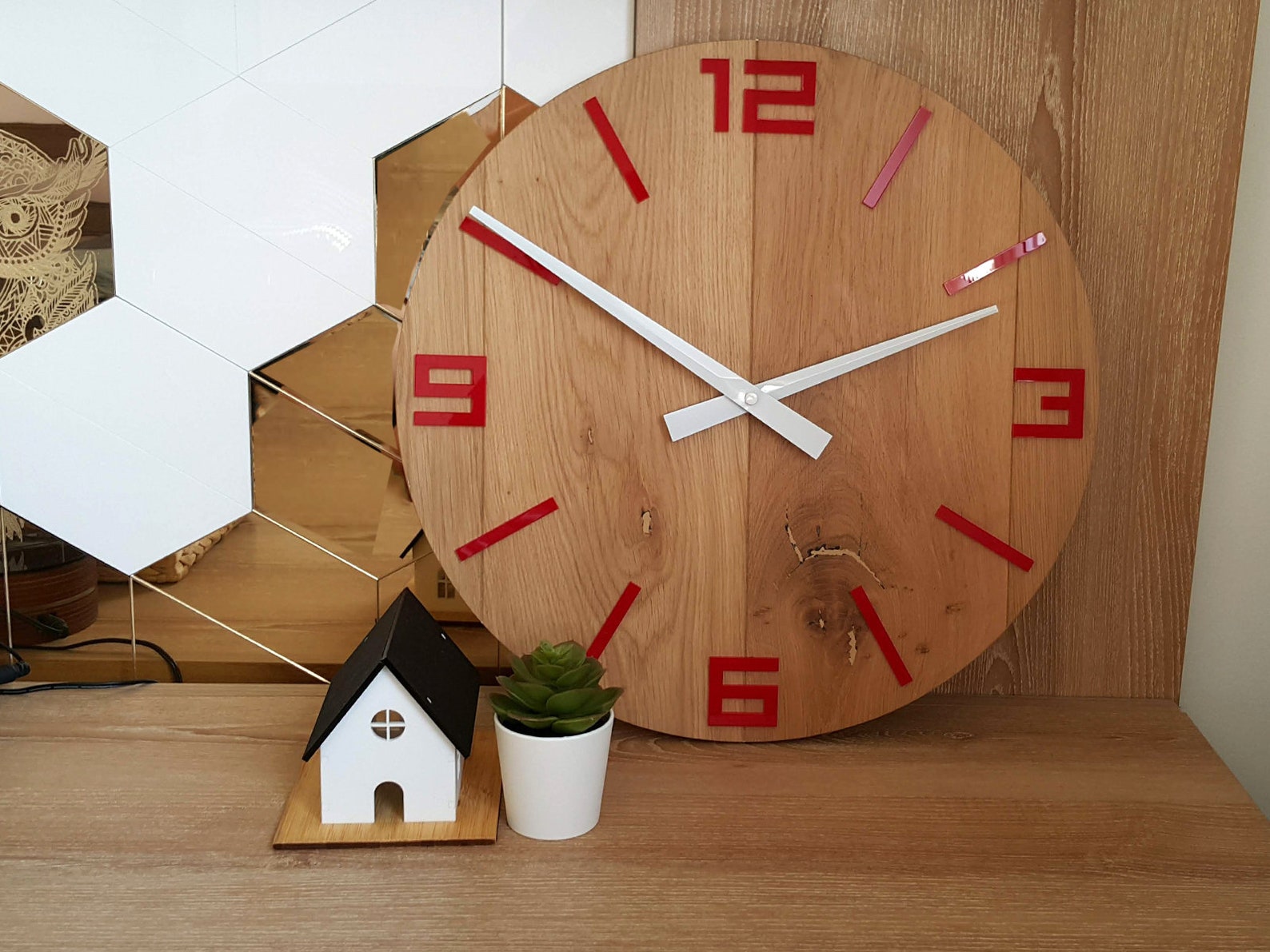 Large Wall Clock Wood Clock With Red Numbers and White Clock - Etsy