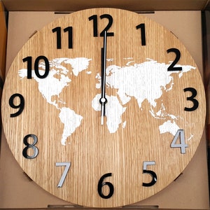 White Wood Clock - World Map, Black and White Silent Modern Clock With ...