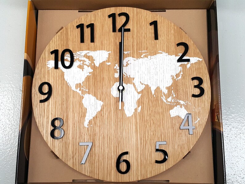 White Wood Clock - World Map, Black and White Silent Modern Clock With ...