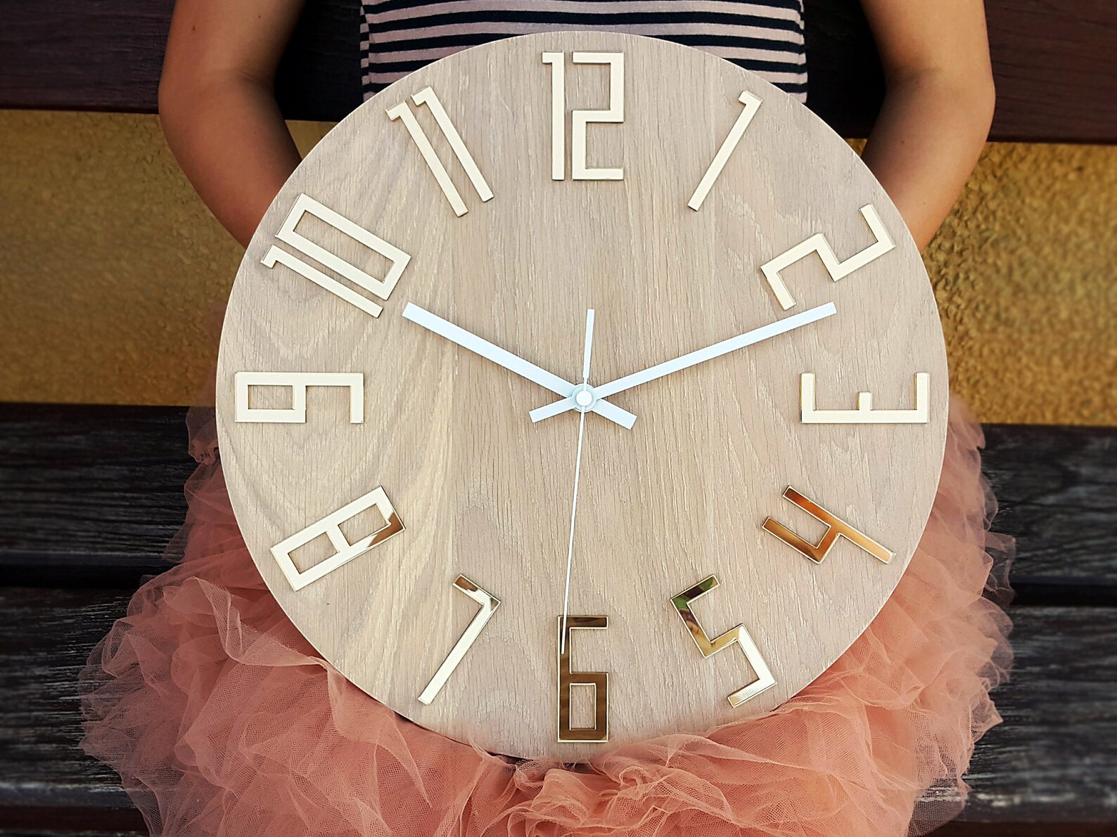 Wall Clock Wood White Clock With Gold Numbers Silent - Etsy