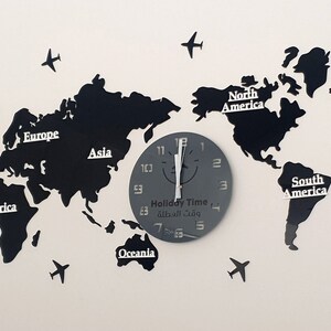 Large Wall Clock World Map, Silent Black Clock With Numbers, Modern ...
