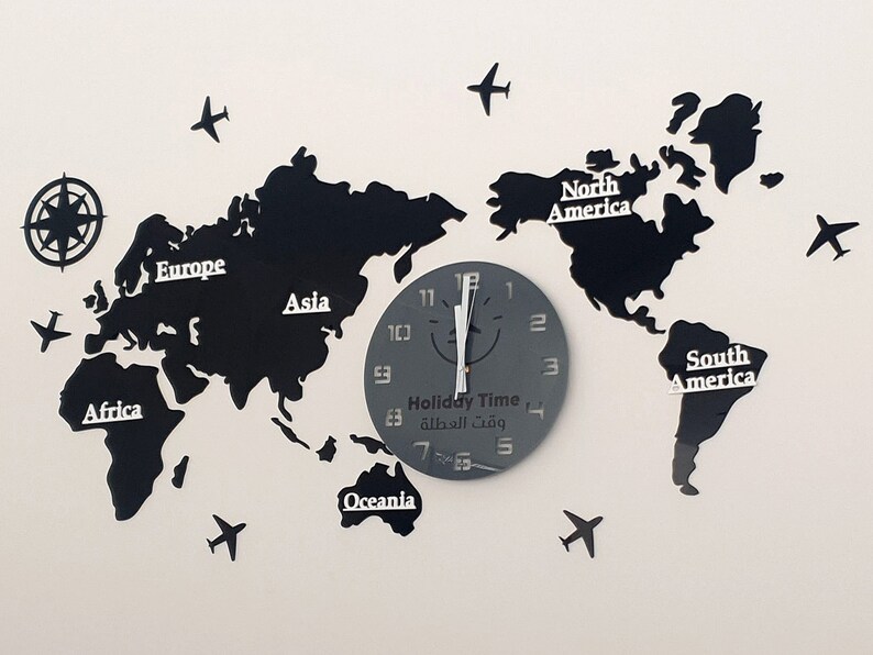 Large Wall Clock World Map, Silent Black Clock With Numbers, Modern ...