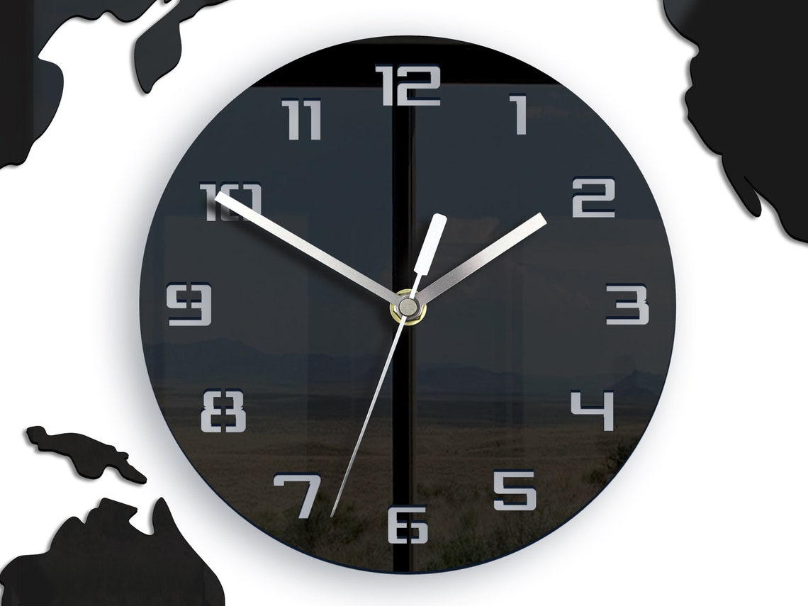 Large Silent Wall Clock With World Map Unique Black Clock | Etsy