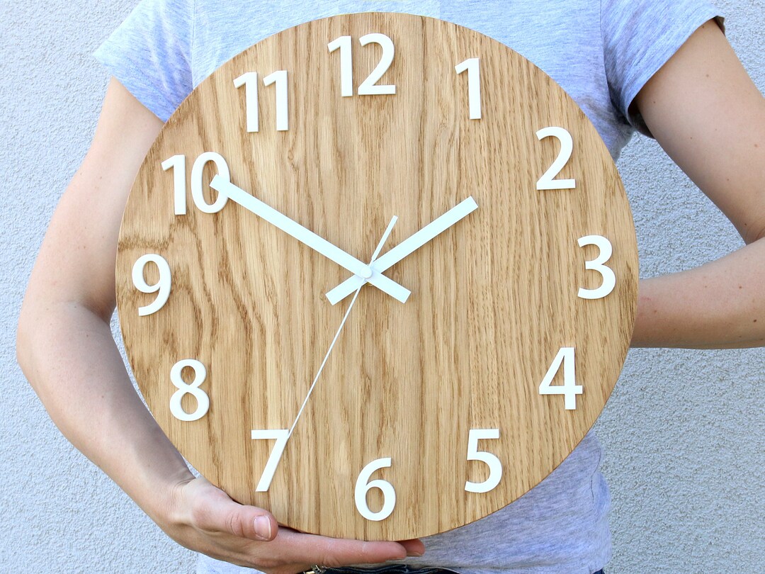 Wood Wall Clock Amadeusz White- Satin Matt, Oak Clock 33,5cm / 13,19 ...