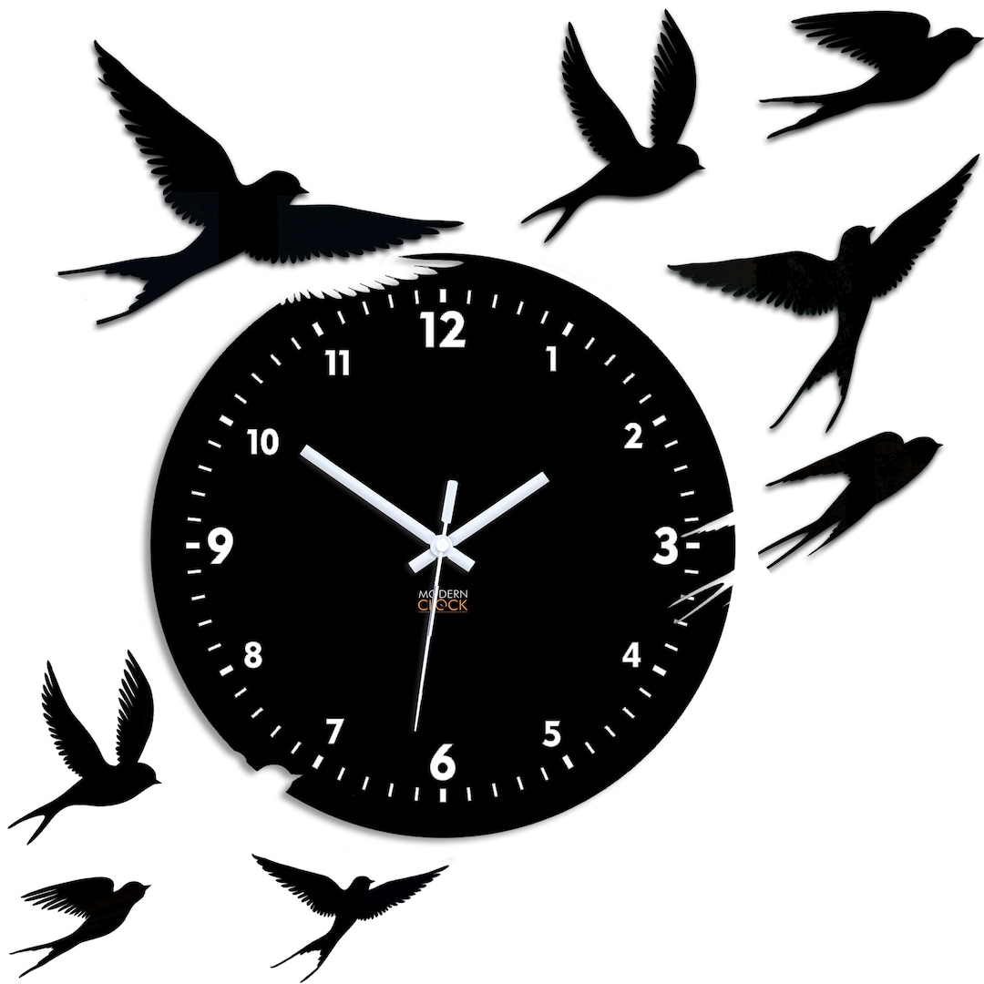 Large Black Wall Clock , Unique Swallow Design, Swallow Flying ...