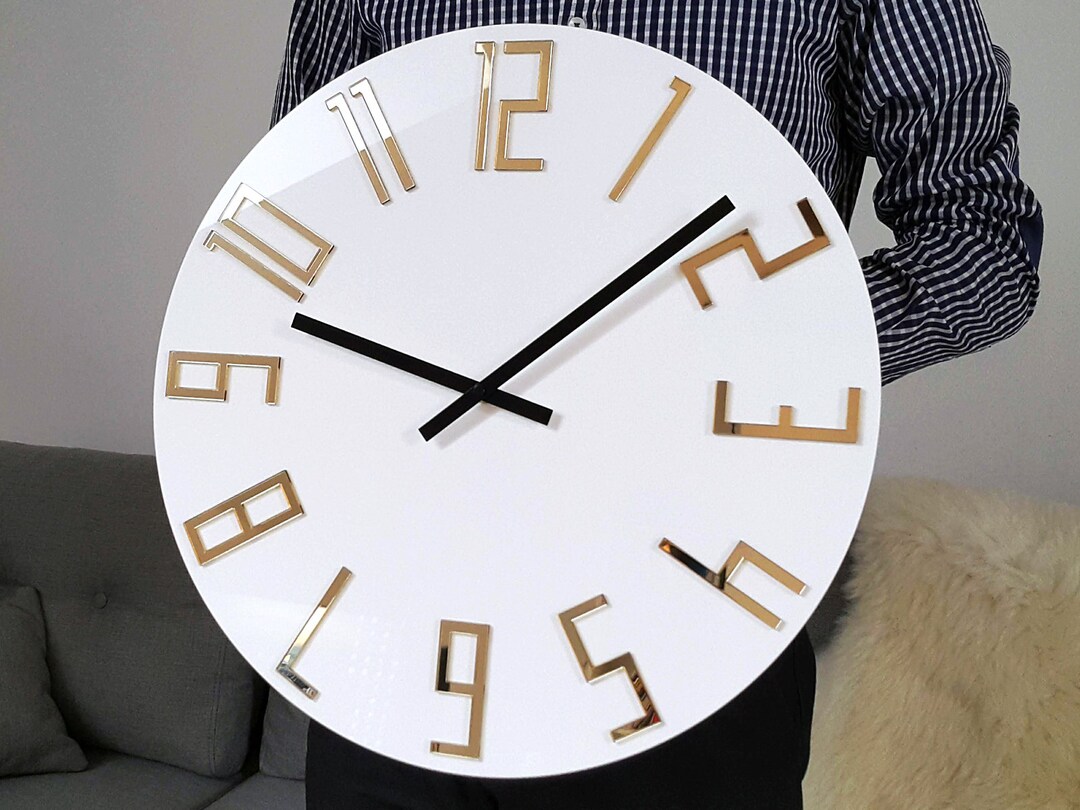 Large Wall Clock White - With Numbers in a Golden Mirror- Silent Wall ...