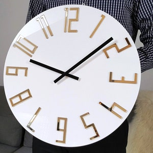 Large Wall Clock White - With Numbers in a Golden Mirror- Silent Wall ...