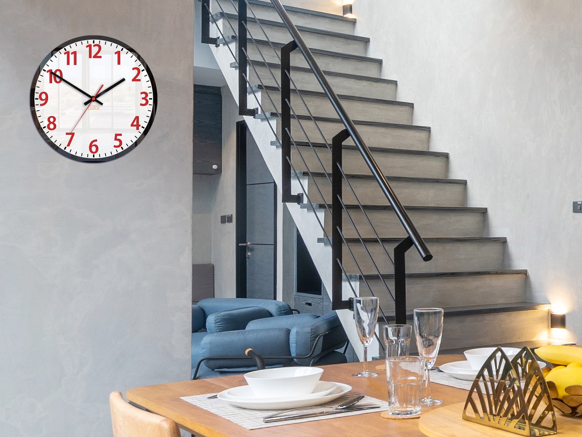 White Wall Clock With Red Numbers and Frame Black 3D , Modern Silent ...