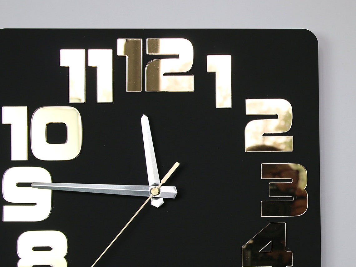 Large Wall Clock Logic Black With Gold Mirror Numbers Silent - Etsy