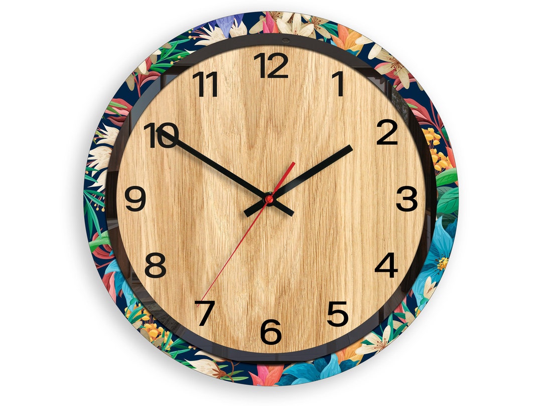 Large Wall Clock Flowers With Frame, Silent Wood Clock With Numbers ...
