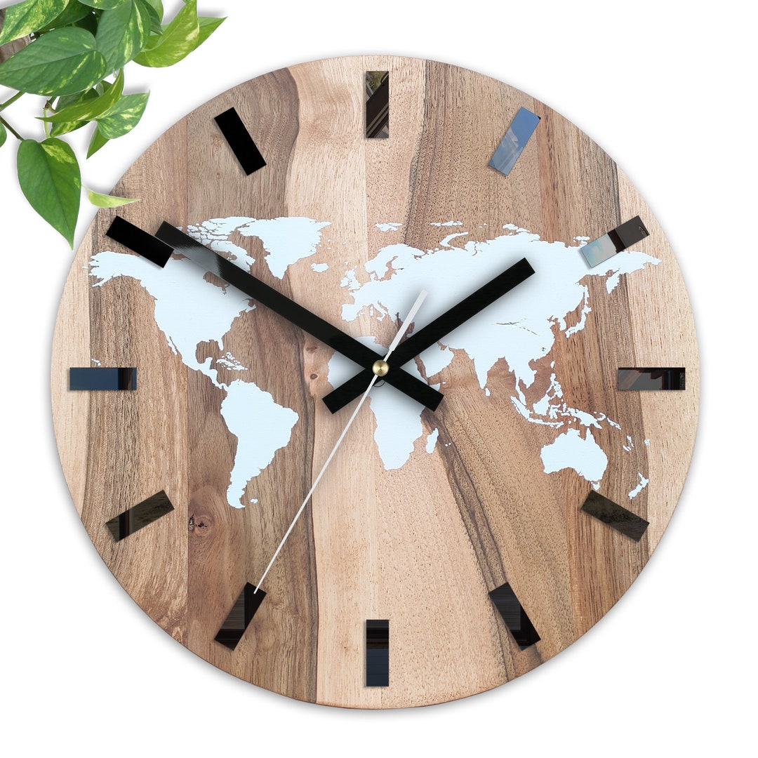 Walnut Wood Wall Clock With World Map - Silent Modern Large Wall Clock ...