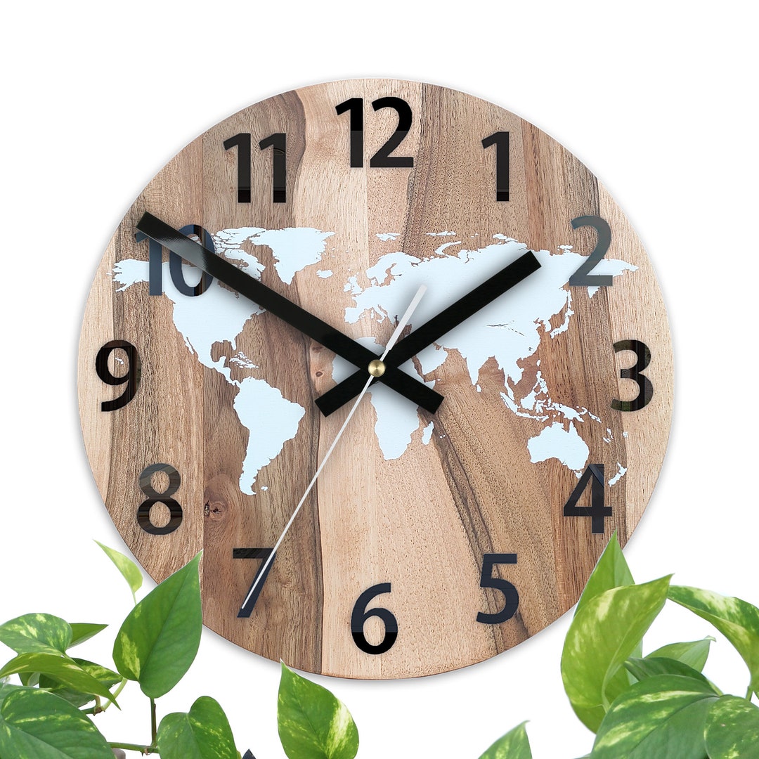 Walnut Wall Clock With World Map, Large Wall Clock,modern Wall Clock - Etsy