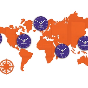 Large Clock Orange World Map With 5 Time Zones: Hong Kong, Alaska ...