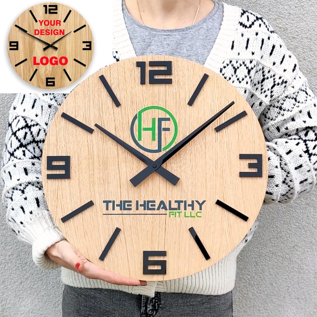 Personalized Wall Clock, Oak Veneer Finish, Modern Wooden Design, Logo Wall Clock, Custom Text ...