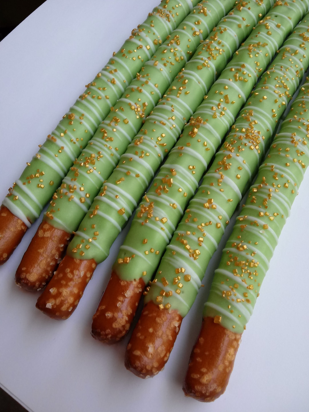 12 Bright Green Chocolate Covered Pretzels With White Chocolate Drizzle ...