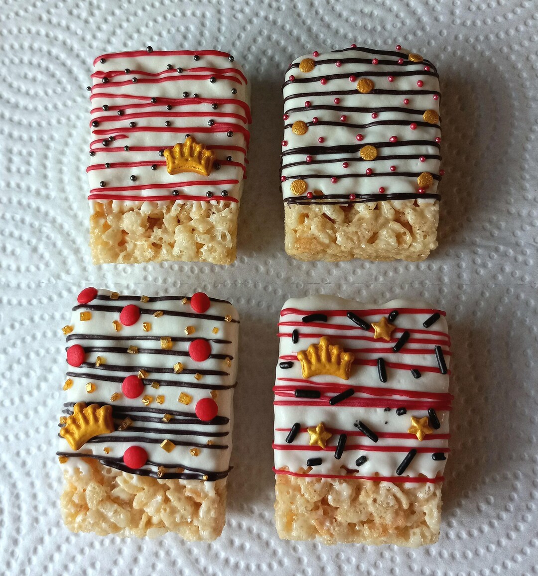 12 White Chocolate Covered Rice Krispie Treats With Red, Black and Gold ...