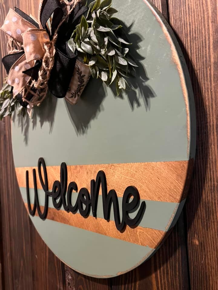 Welcome Sage Green Front Door Wooden Round Sign, Farmhouse Door Decor ...