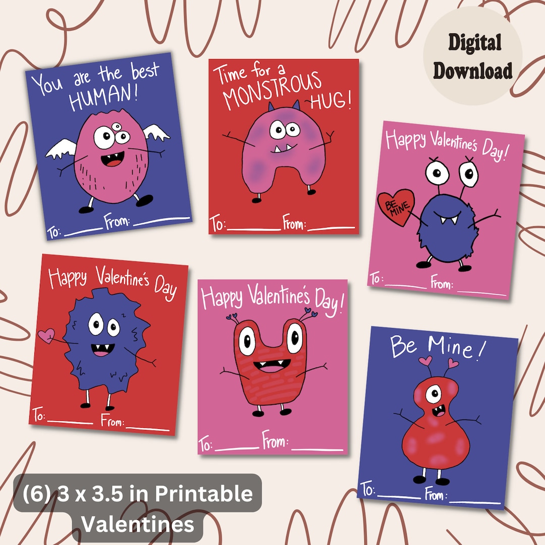 Printable Set of 6 Doodle Monster Valentines | Digital Download 3x3.5 ...