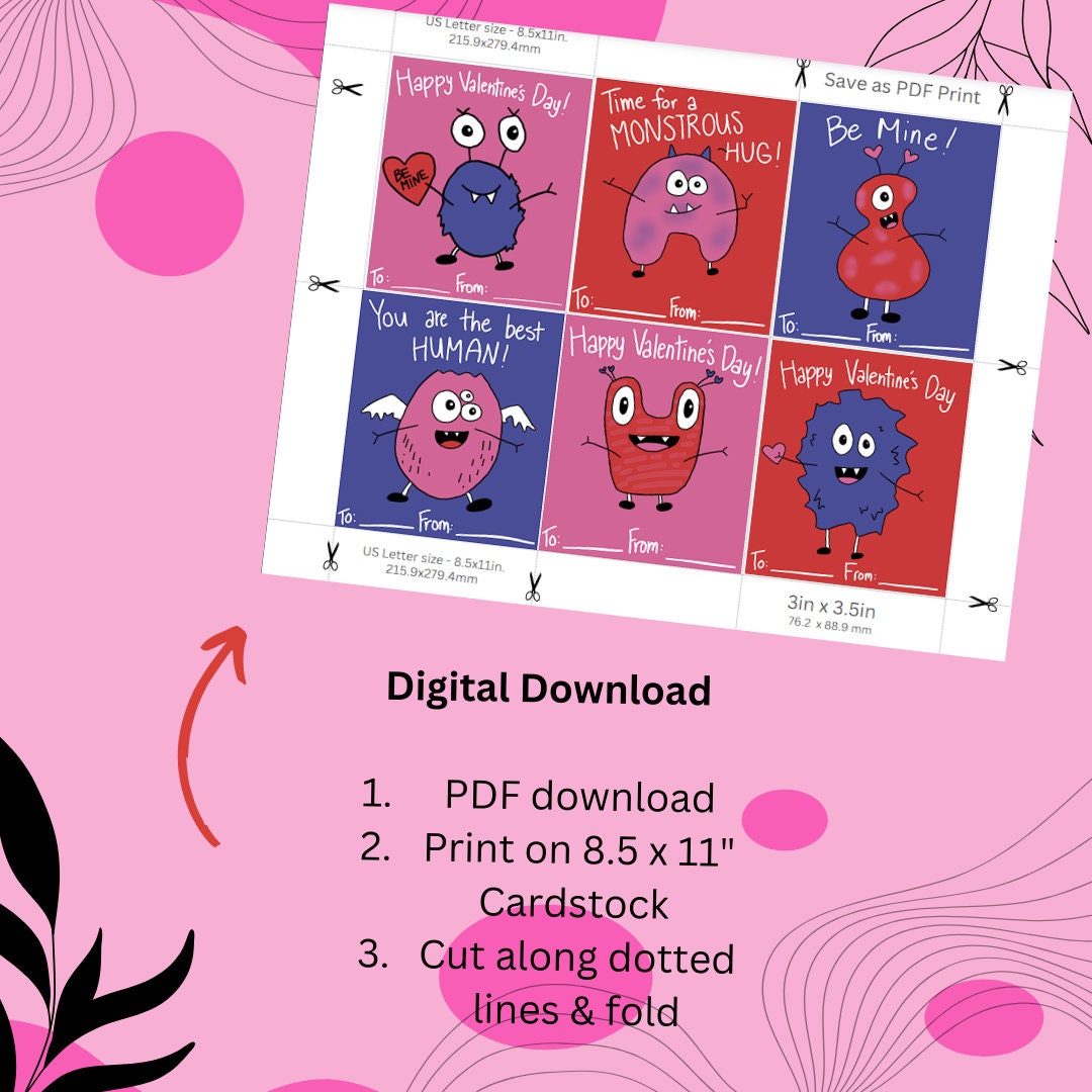Printable Set of 6 Doodle Monster Valentines | Digital Download 3x3.5 ...