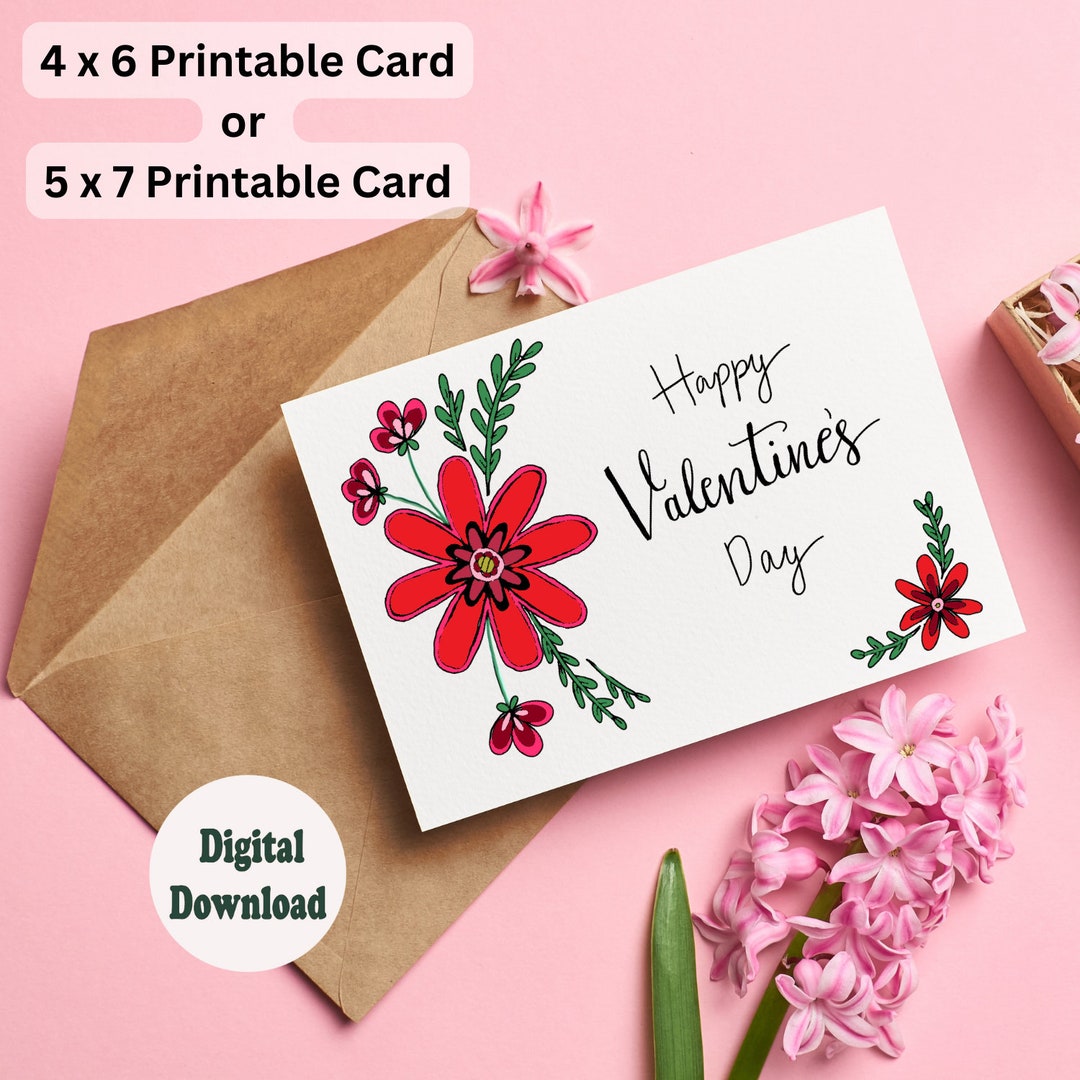 Printable Floral Valentines Greeting Card | Digital Download 4x6 and ...