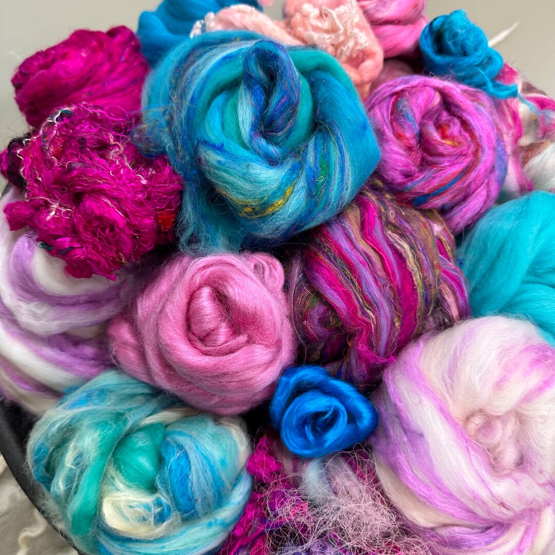 FIBER BUNDLE, YAYA Art Batt Kit,turquoise Fuchsia Wool Silk Spinning ...