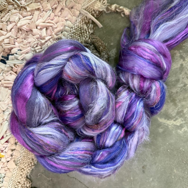 WOOL ROVING Fancy Violet, Variegated Purple Merino Silk Roving, Weaving ...