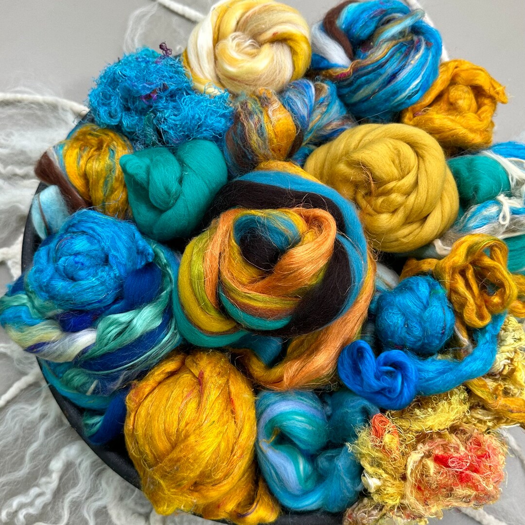 FIBER BUNDLE, Summertime Art Batt Kit, Blue Gold Yellow Merino Silk ...