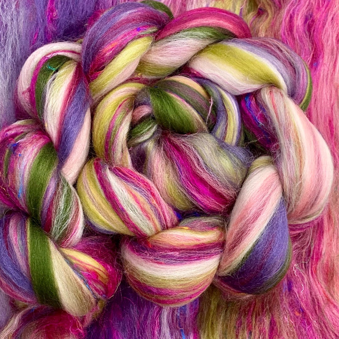 ROVING BY the POUND Blossom, Pink Green Purple Combed Top, Coral Green ...